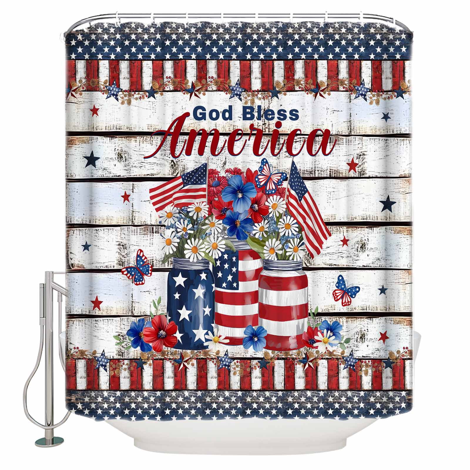 4th of July Bathroom Shower Curtains with 12 Hooks Polyester Waterproof ...
