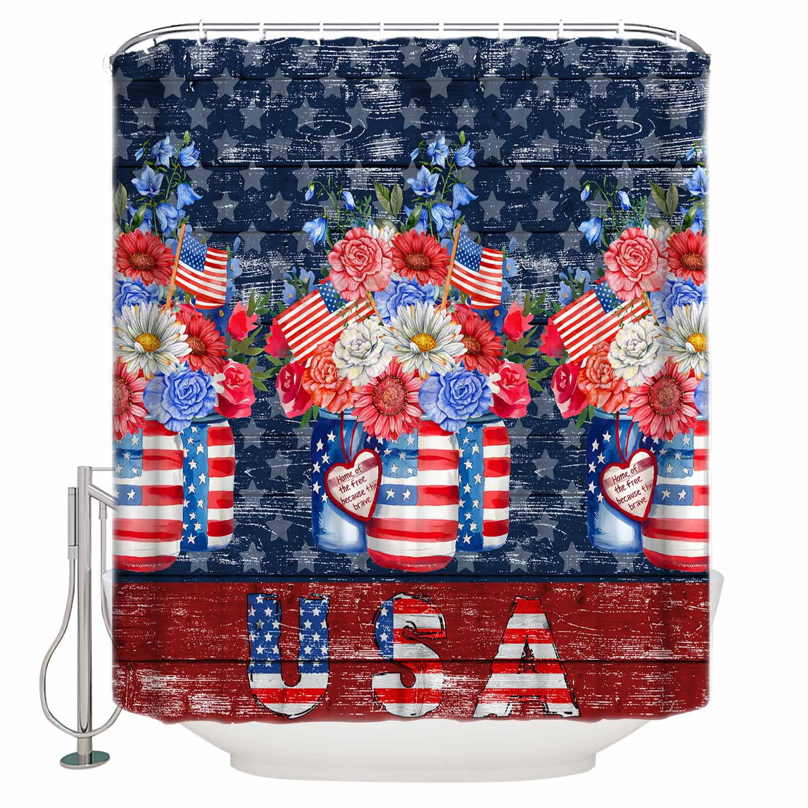 4th of July Bathroom Shower Curtains with 12 Hooks Polyester Waterproof ...
