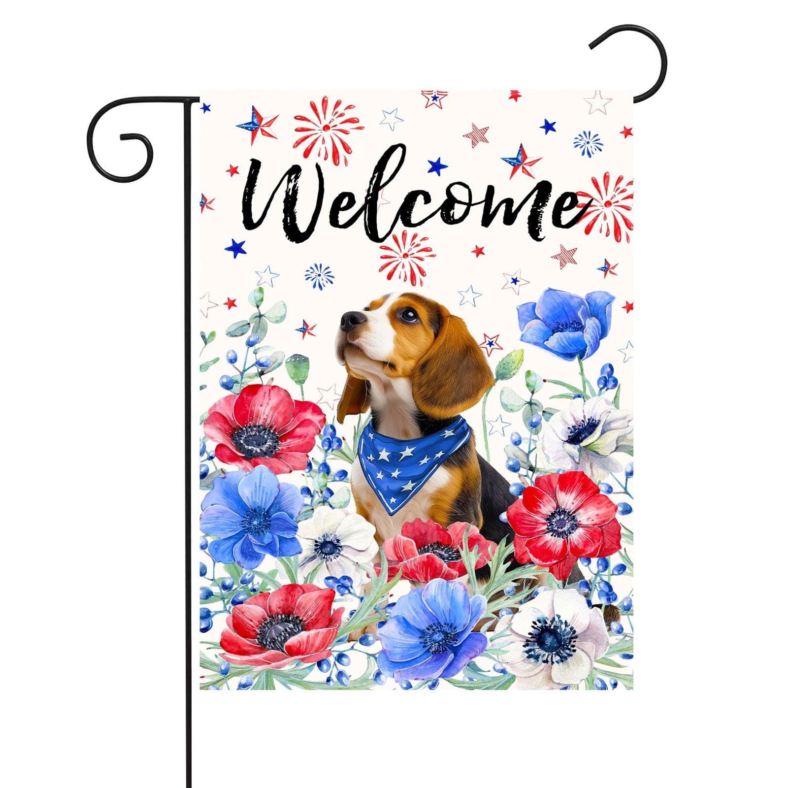 4th of July Beagle Garden Flag Red White Blue Floral Dog Yard Flags ...