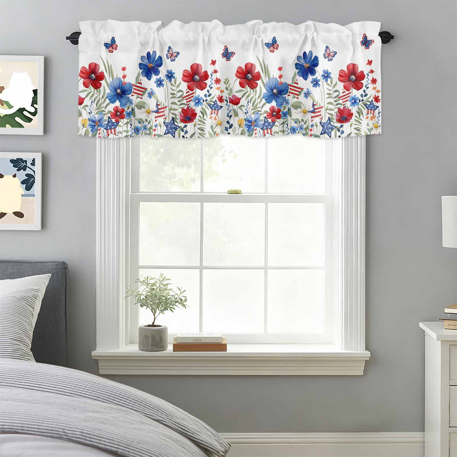 4th of July Blue Red Flower Butterfly Valances for Windows,Rod Pocket ...