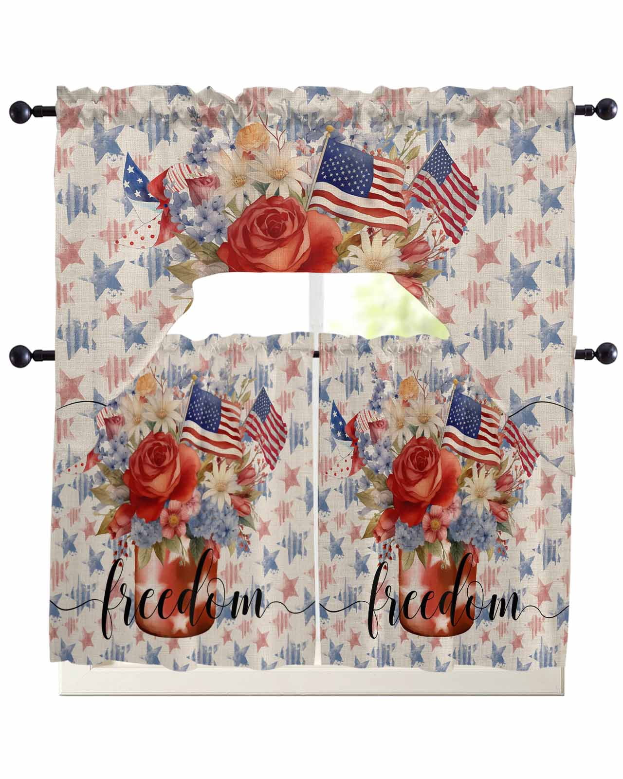 4th of July Blue Red Kitchen Curtain and Valance Set 3 Pieces,Rod ...