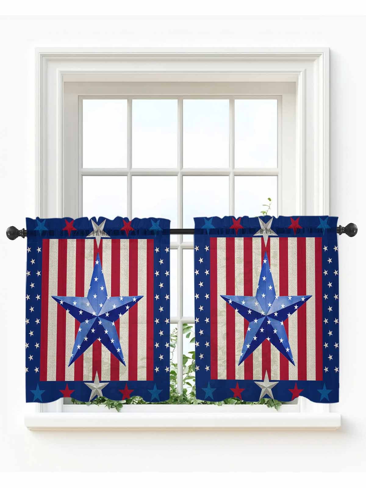 4th of July Blue Star Tier Curtains 24 Inch Length,Sheer Curtains for ...