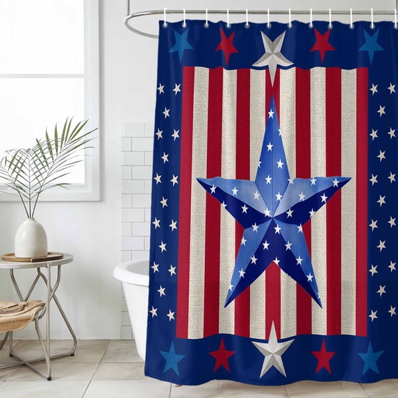 4th of July Blue Star Waterproof Fabric Shower Curtain,Red Stripes ...