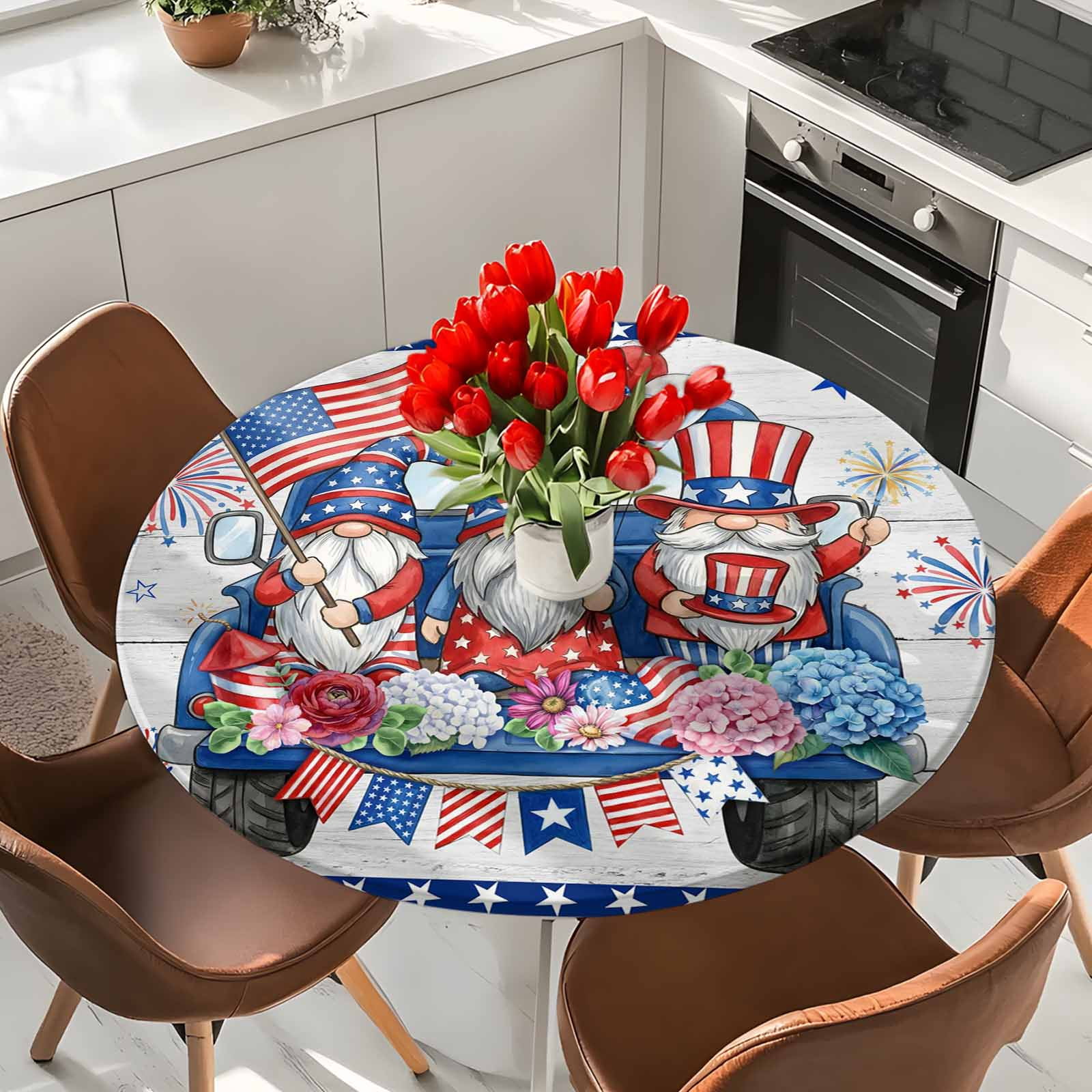 4th of July Blue Truck Gnome Round Fitted Tablecloth with Elastic Edge ...