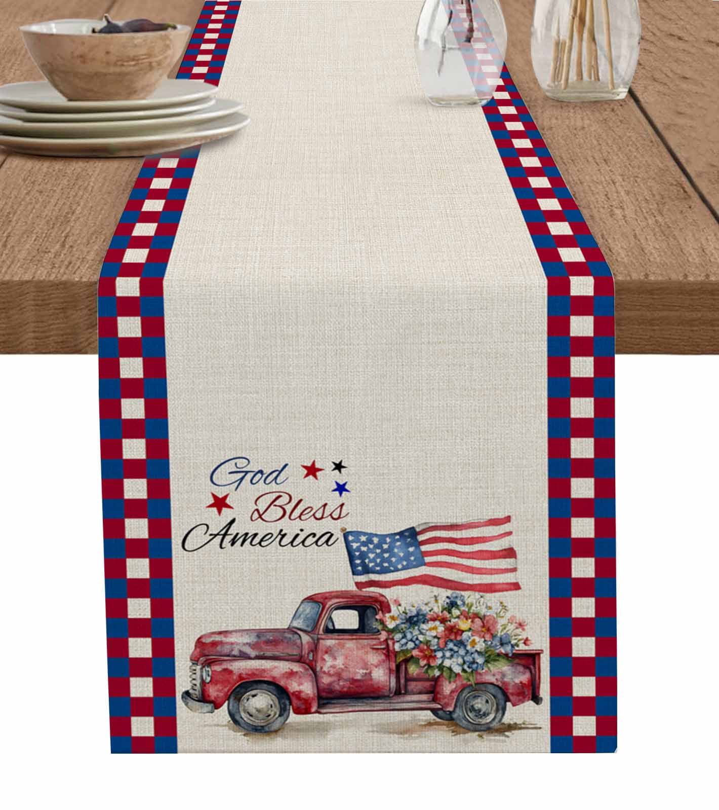 4th of July Burlap Cotton Table Runner 13x70 Inches Long, Red Blue ...