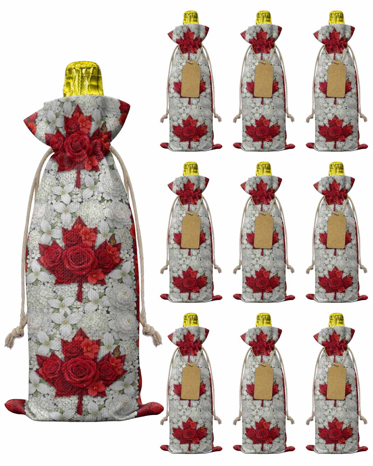 4th of July Burlap Wine Bags 10 PCS Red Maple Wine Bottle Gift Bag ...