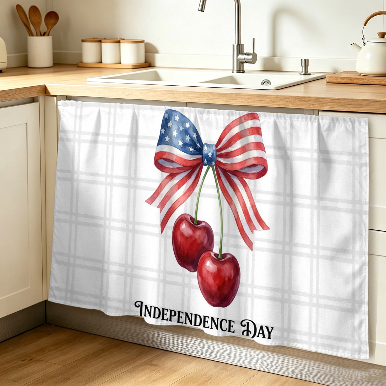 4th of July Cabinet Curtain 28"W x 51"L, Patriotic American Flag Bows ...