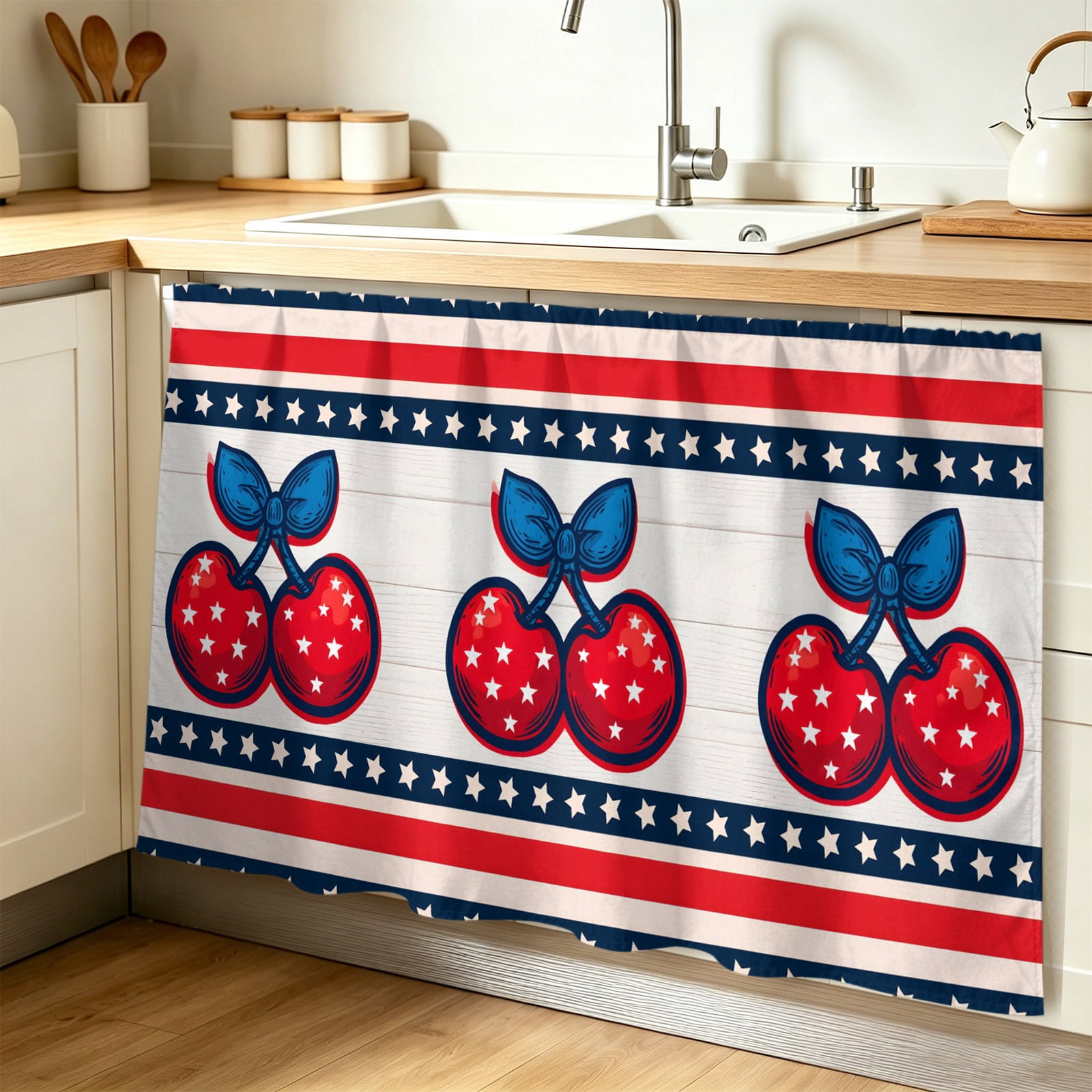 4th of July Cabinet Curtain 28"W x 51"L, Watercolor Cherry Patriotic ...
