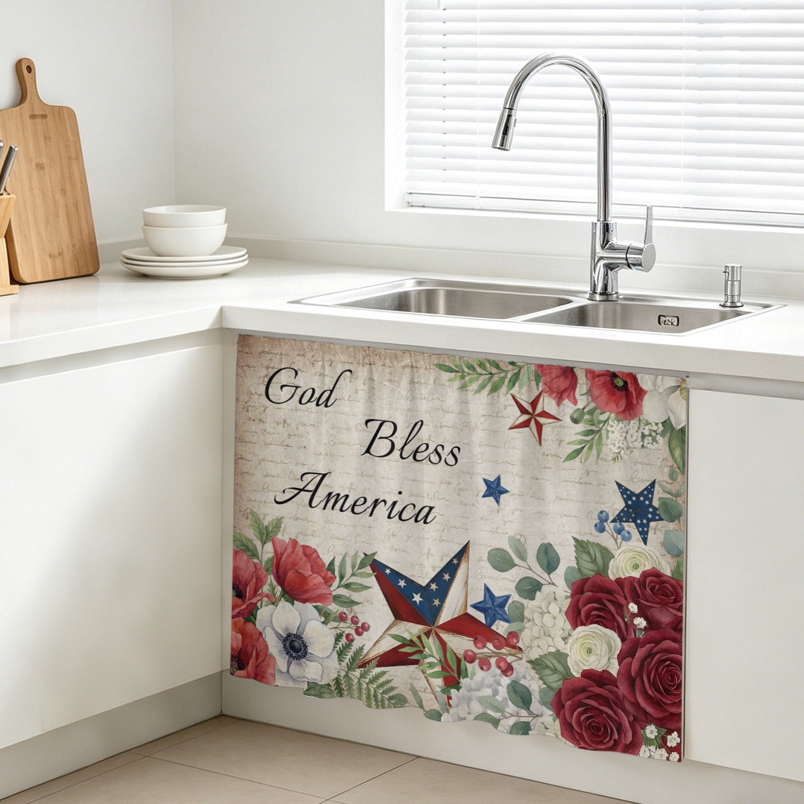 4th of July Cabinet Curtains 28" W x 35" L, God Bless America Stars Red ...