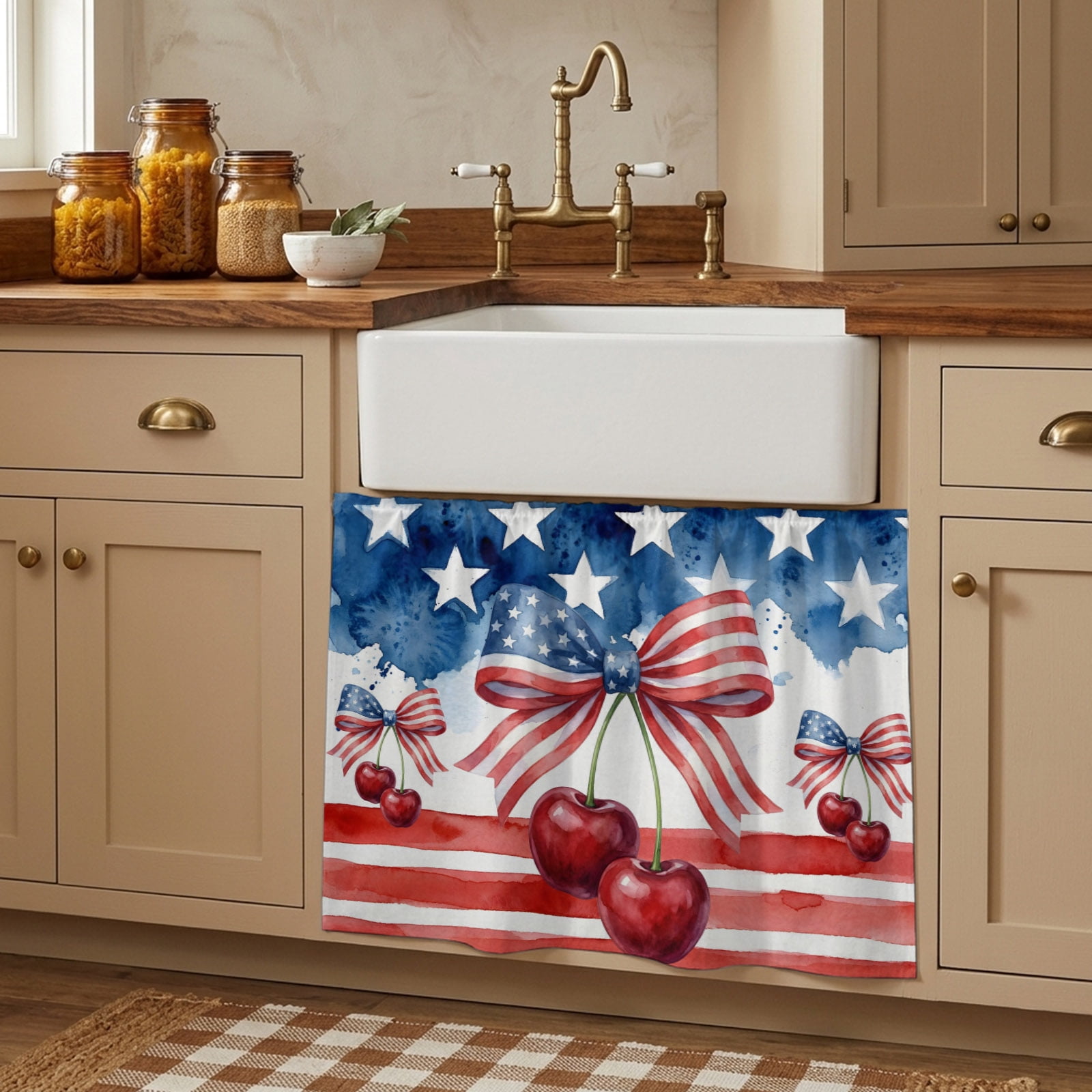 4th of July Cabinet Curtains 28"W x 35L, Watercolor American Flag Bows ...