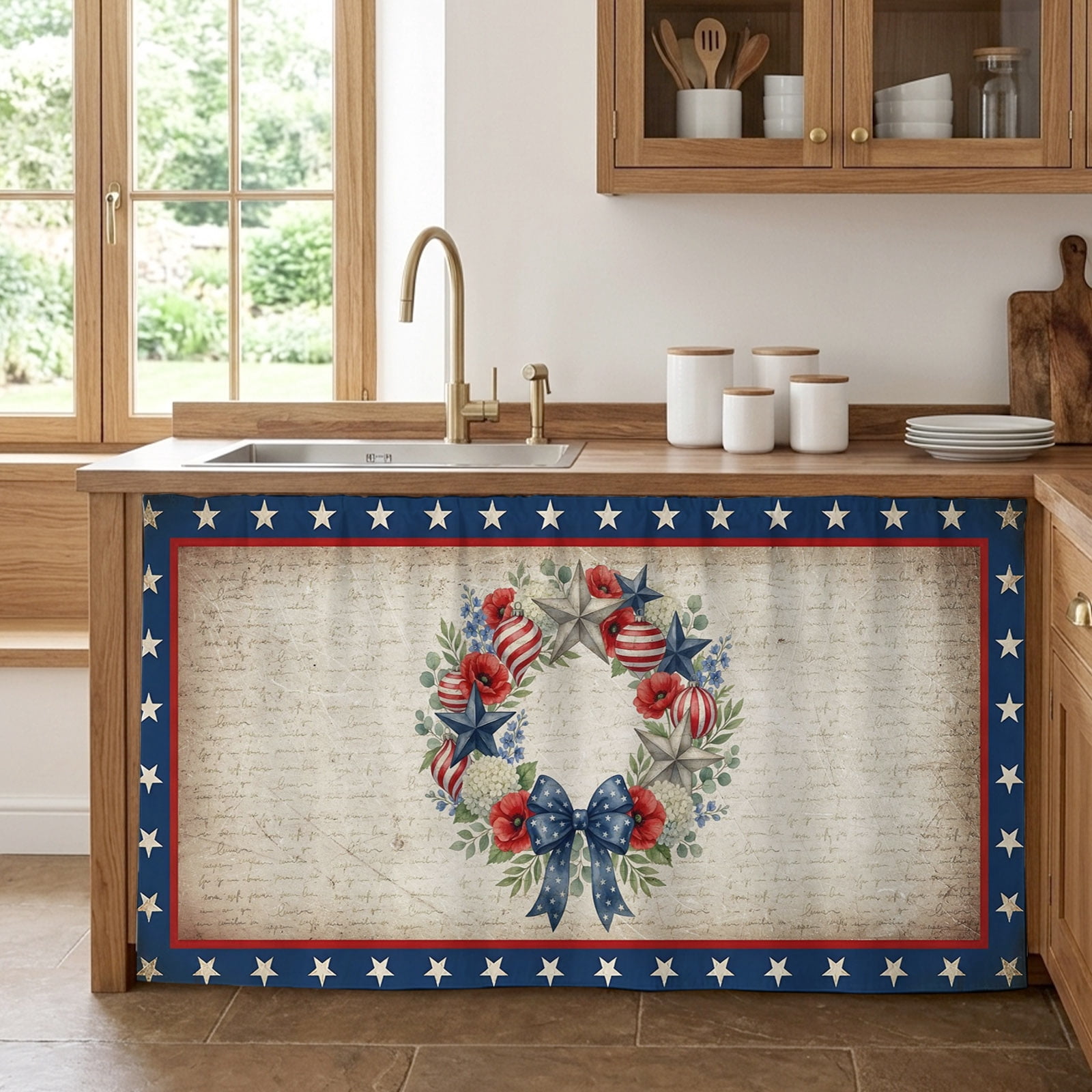 4th of July Cabinet Curtains 28" W x 51" L, Red Blue Stars Floral Leaf ...