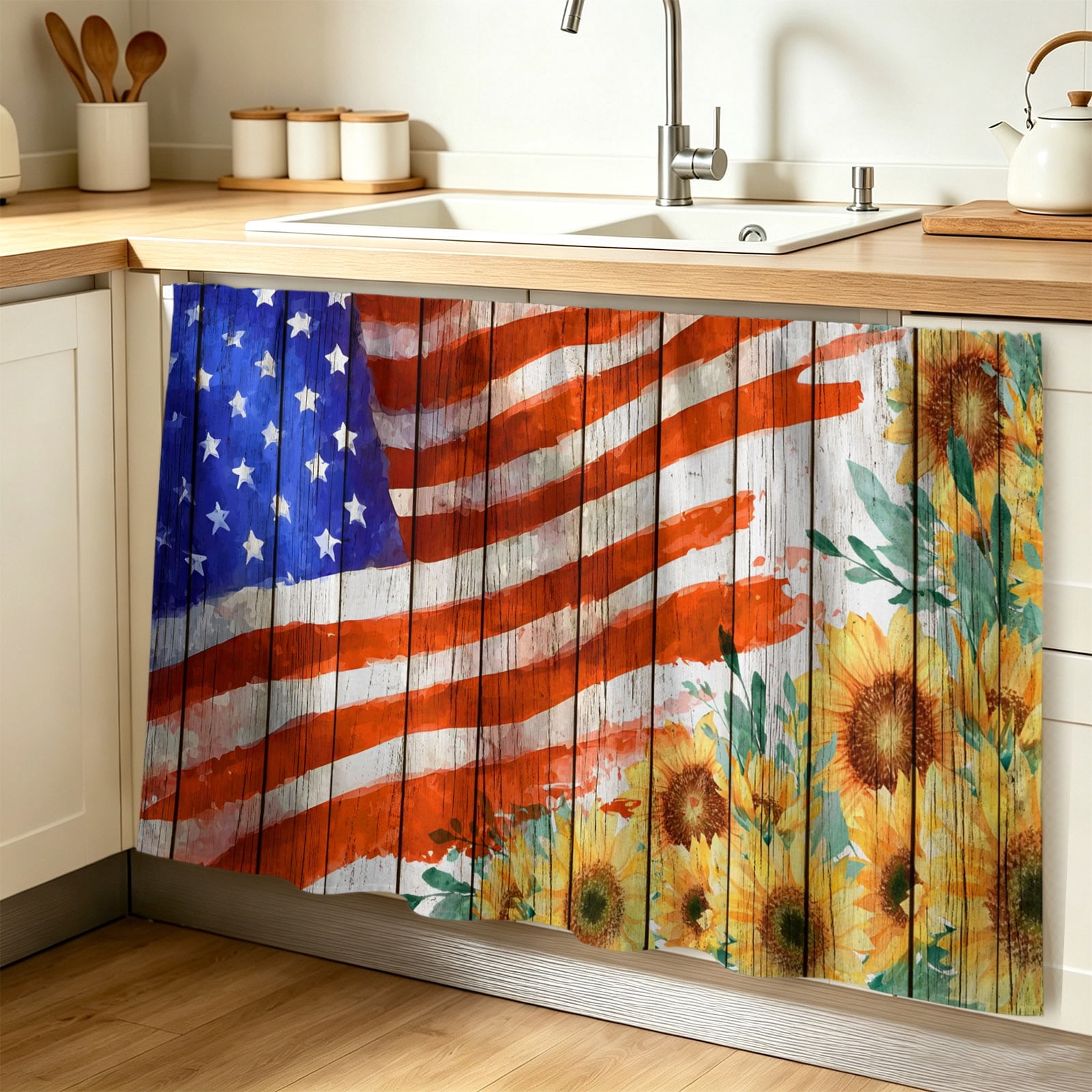 4th of July Cabinet Curtains for Shelves, Sunflower USA Flag Vintage ...