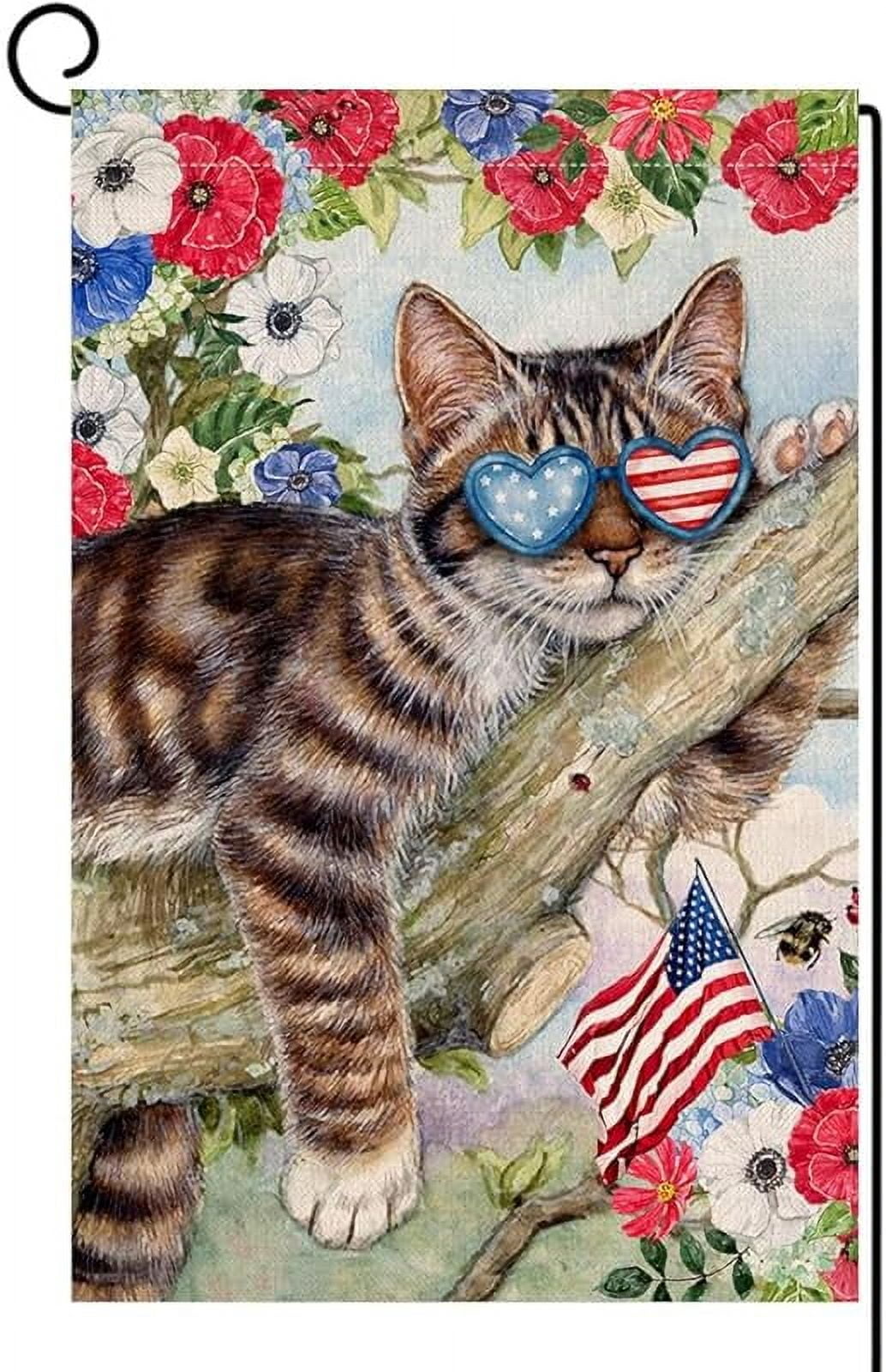 4th of July Cat Garden Flag 12x18 Vertical Double Sided Red Blue Floral ...