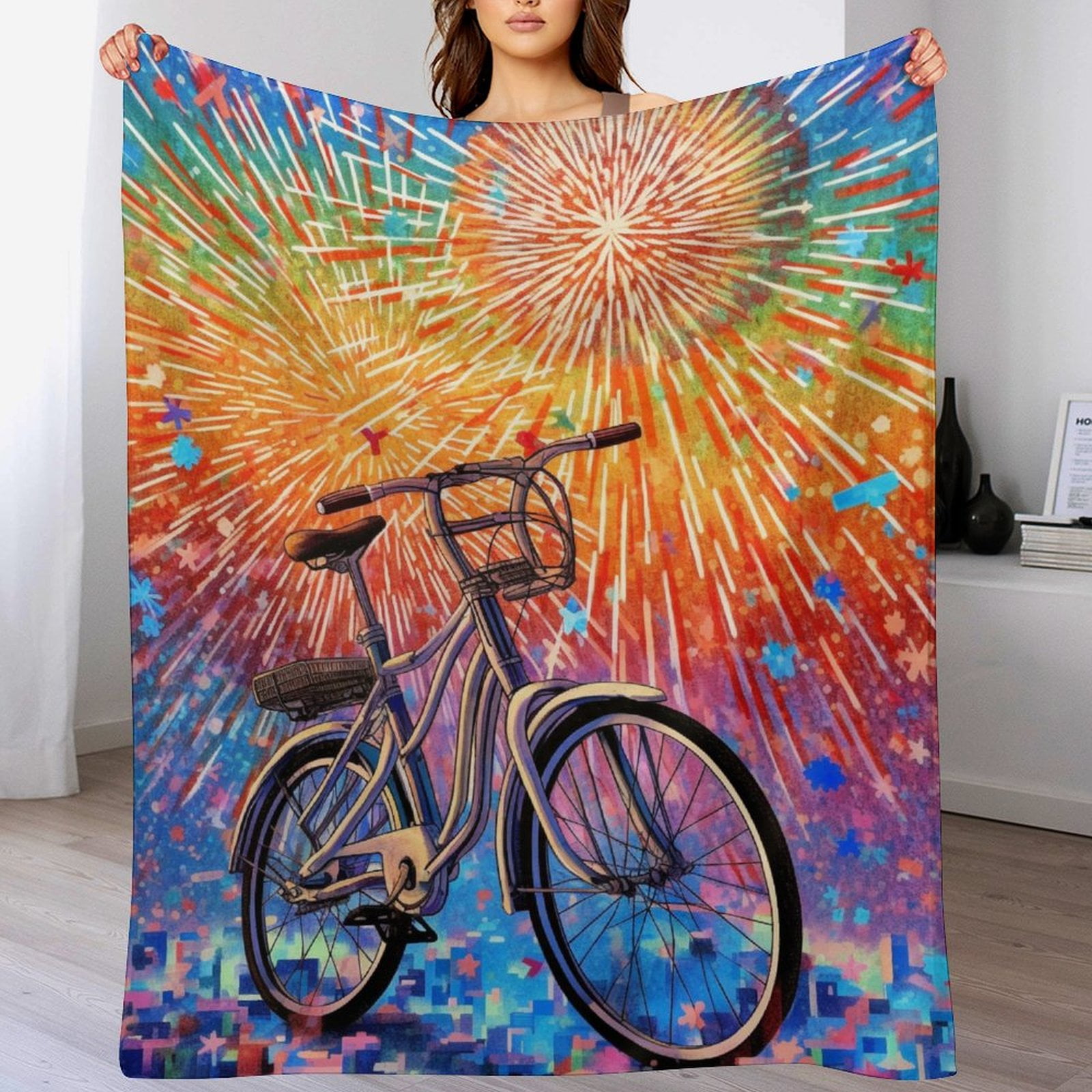 4th July Celebration Bicycle Fireworks Throw Blanket for Winter Bedding ...