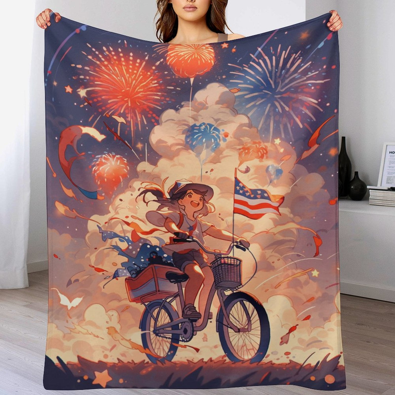 4th July Celebration Retro Girl Ride Bicycle Fireworks Throw Blanket ...