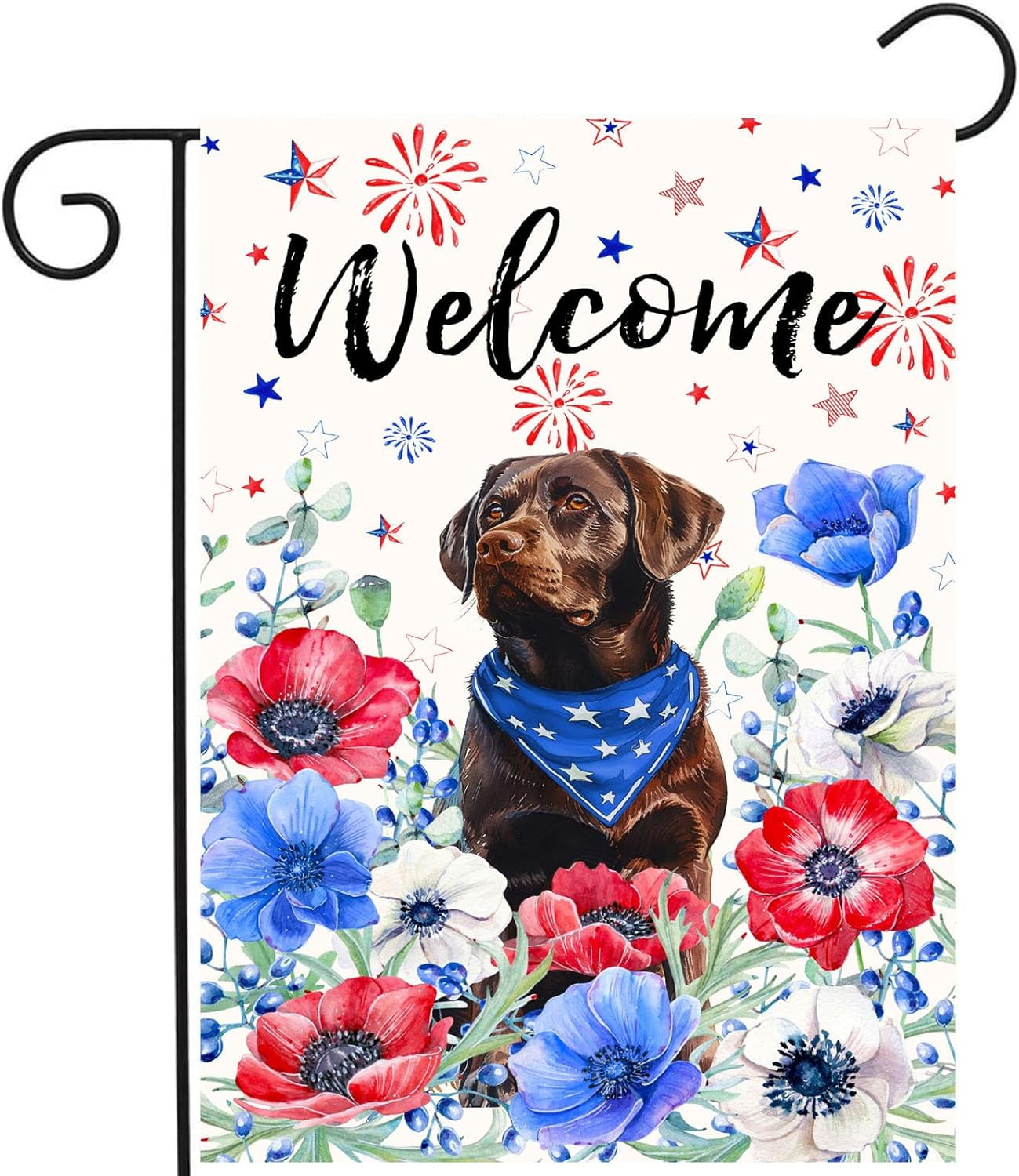 4th of July Chocolate Lab Garden Flag Red White Blue Floral Labrador ...