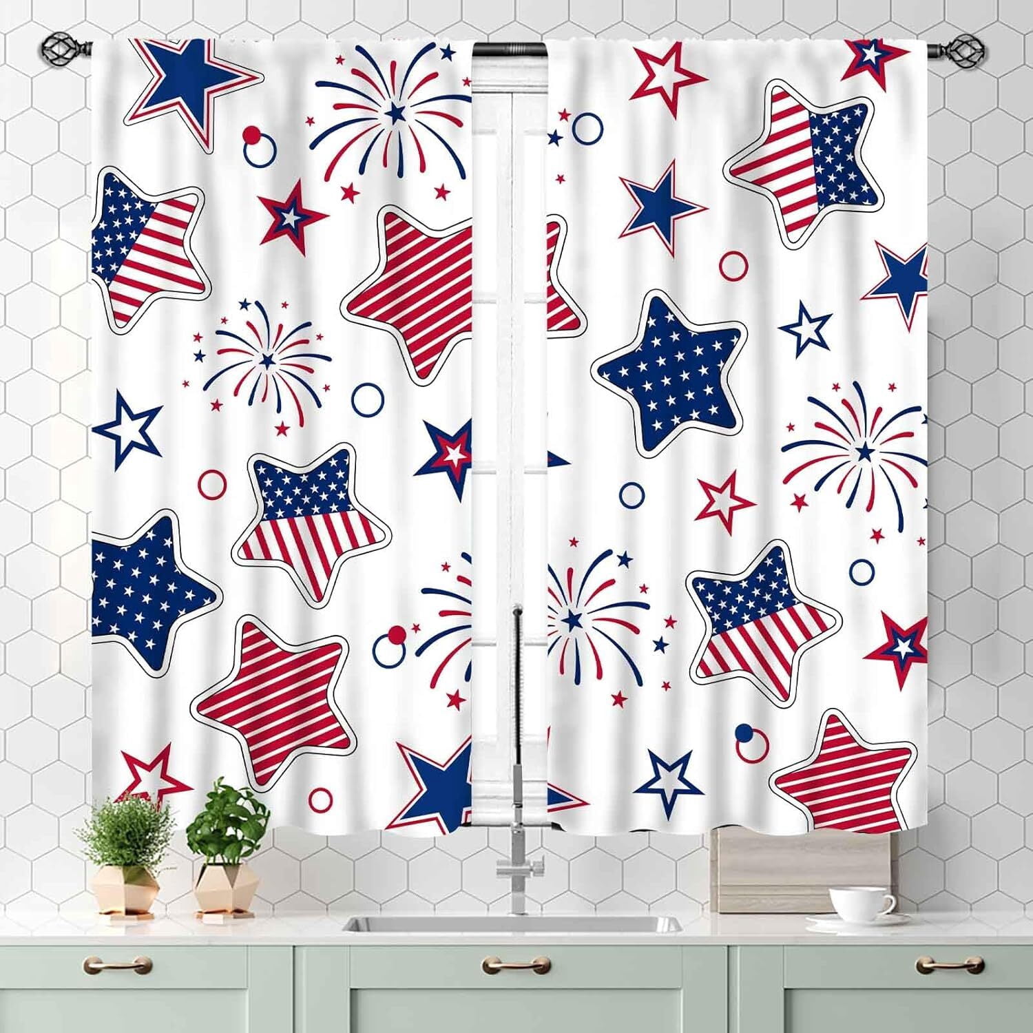 4th of July Curtains, Independence Day Patriotic Star Fireworks ...