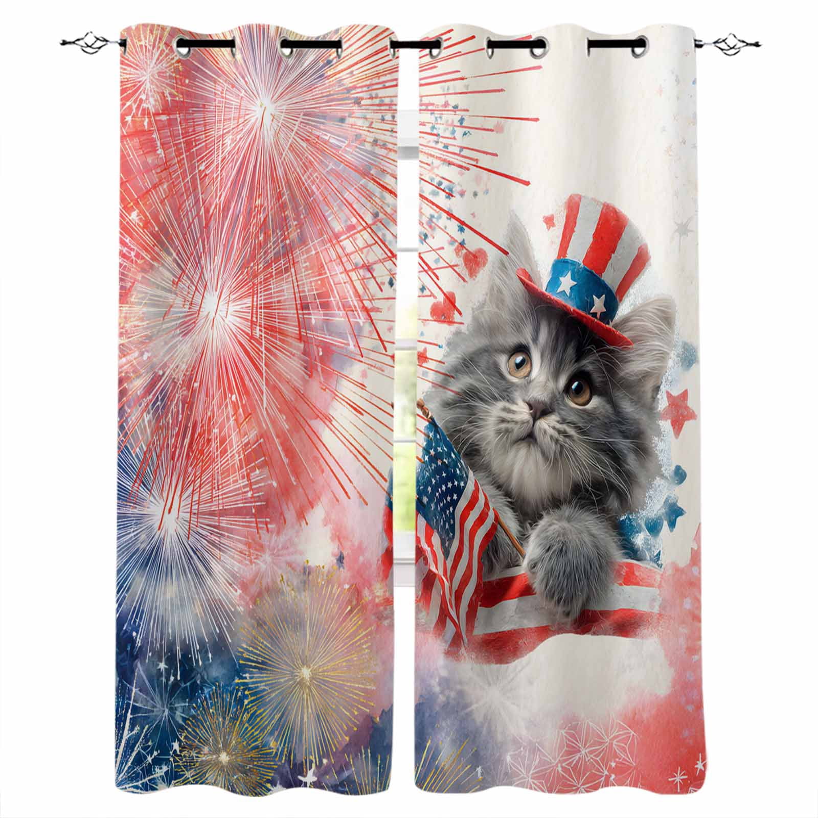 4th of July Cute Cat Blackout Curtains for Bedroom/Living Room, Thermal ...