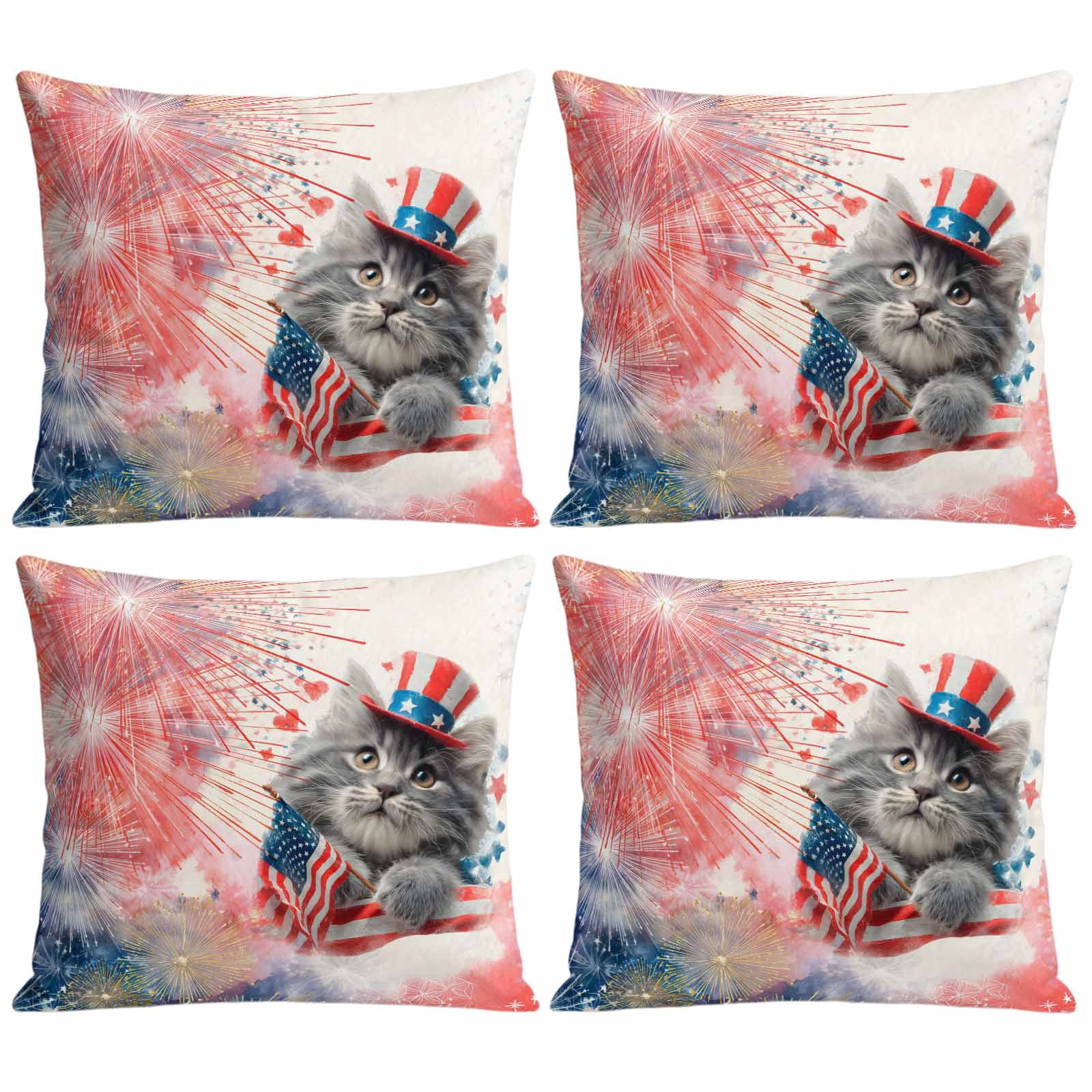 4th of July Cute Cat Throw Pillow Covers 16 x 16 Inch Pillow Covers Set ...
