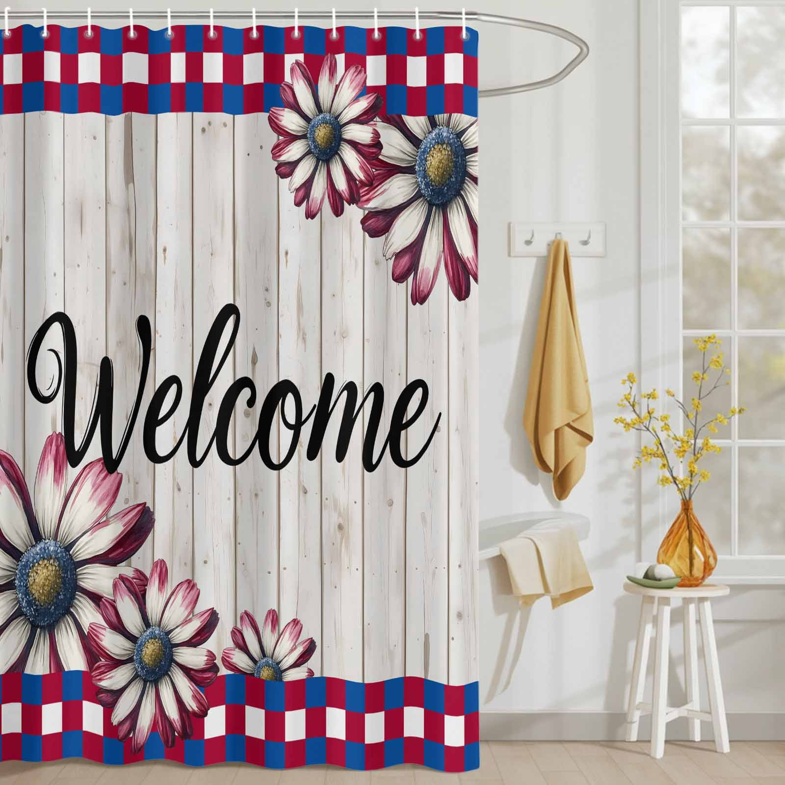 4th of July Daisy Flower White Wood Shower Curtain Set, Waterproof ...