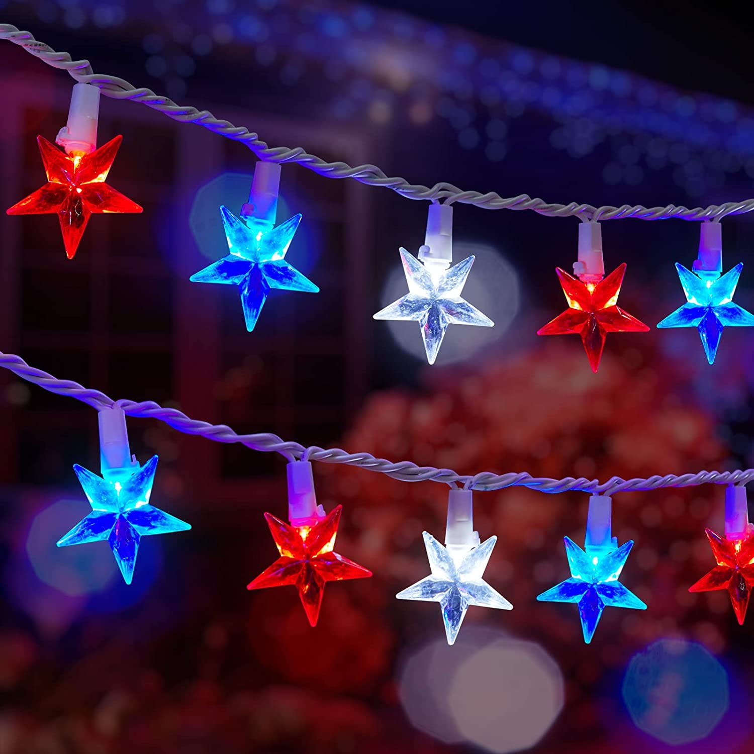 4th of July Decor Red White Blue Stars String Lights, 17ft 50 LED ...