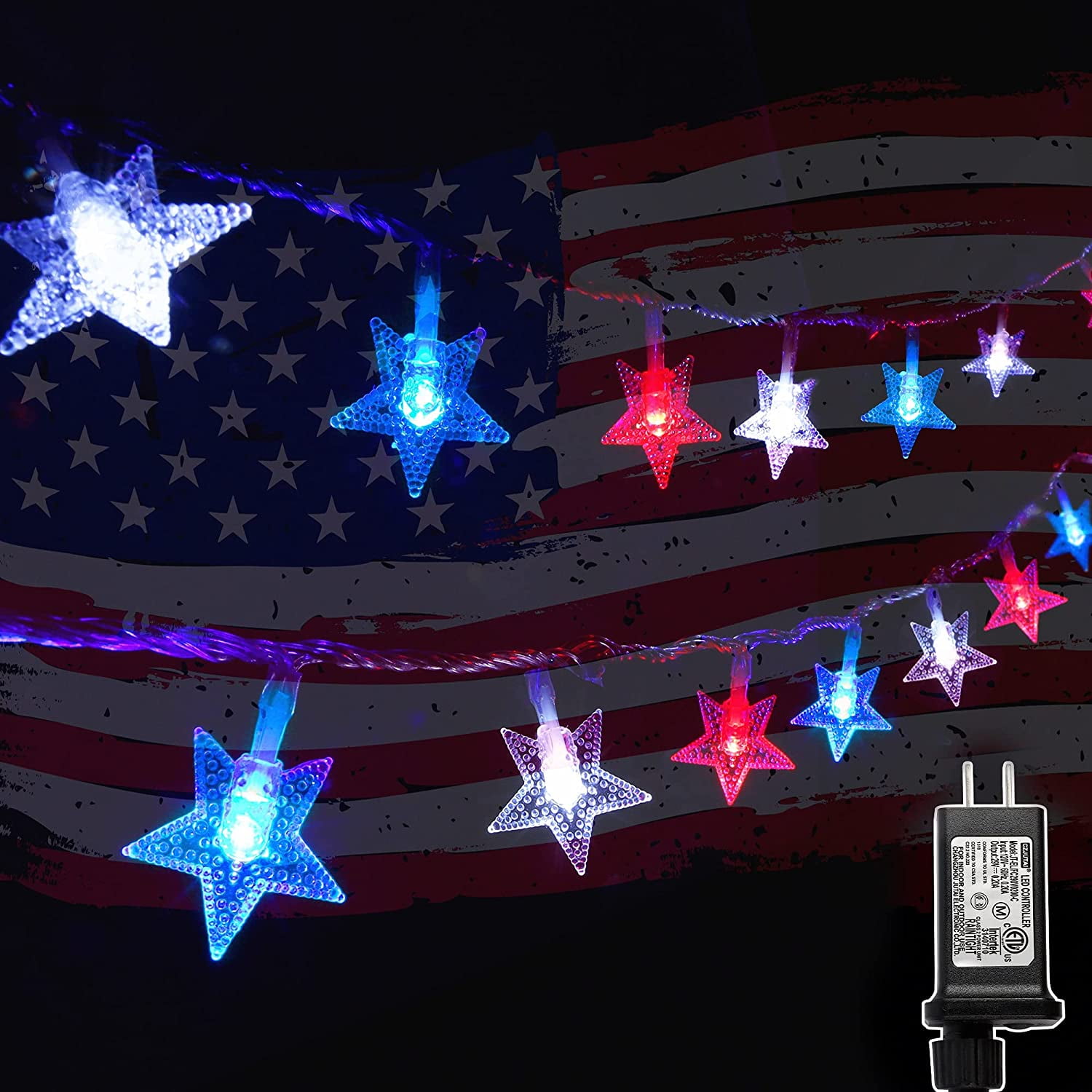 4th of July Decoration Lights, 100 LED 49FT Red White Blue Star String ...