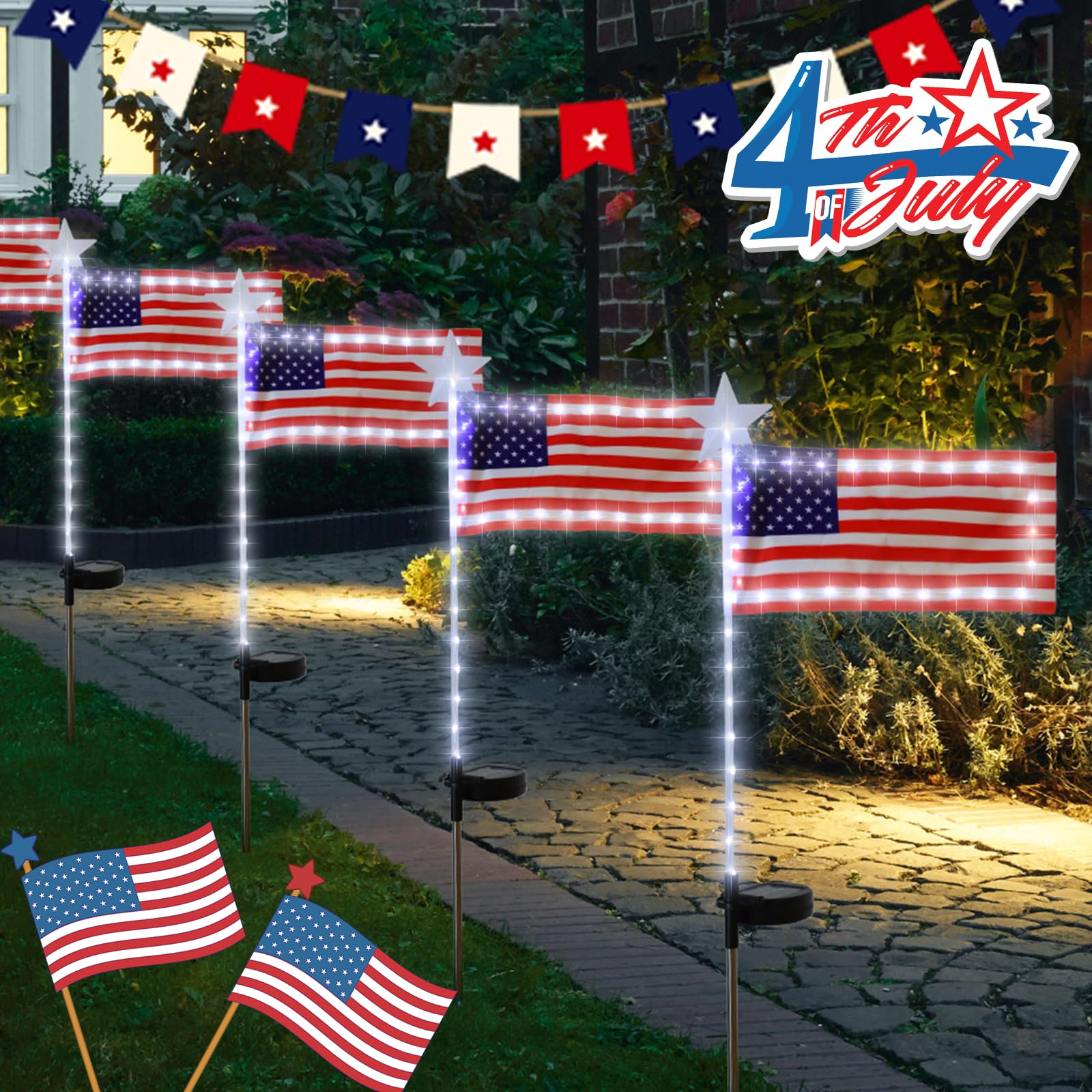 4th of July Decoration Outdoor Solar American Flag 4Pack 140 LED Larger ...
