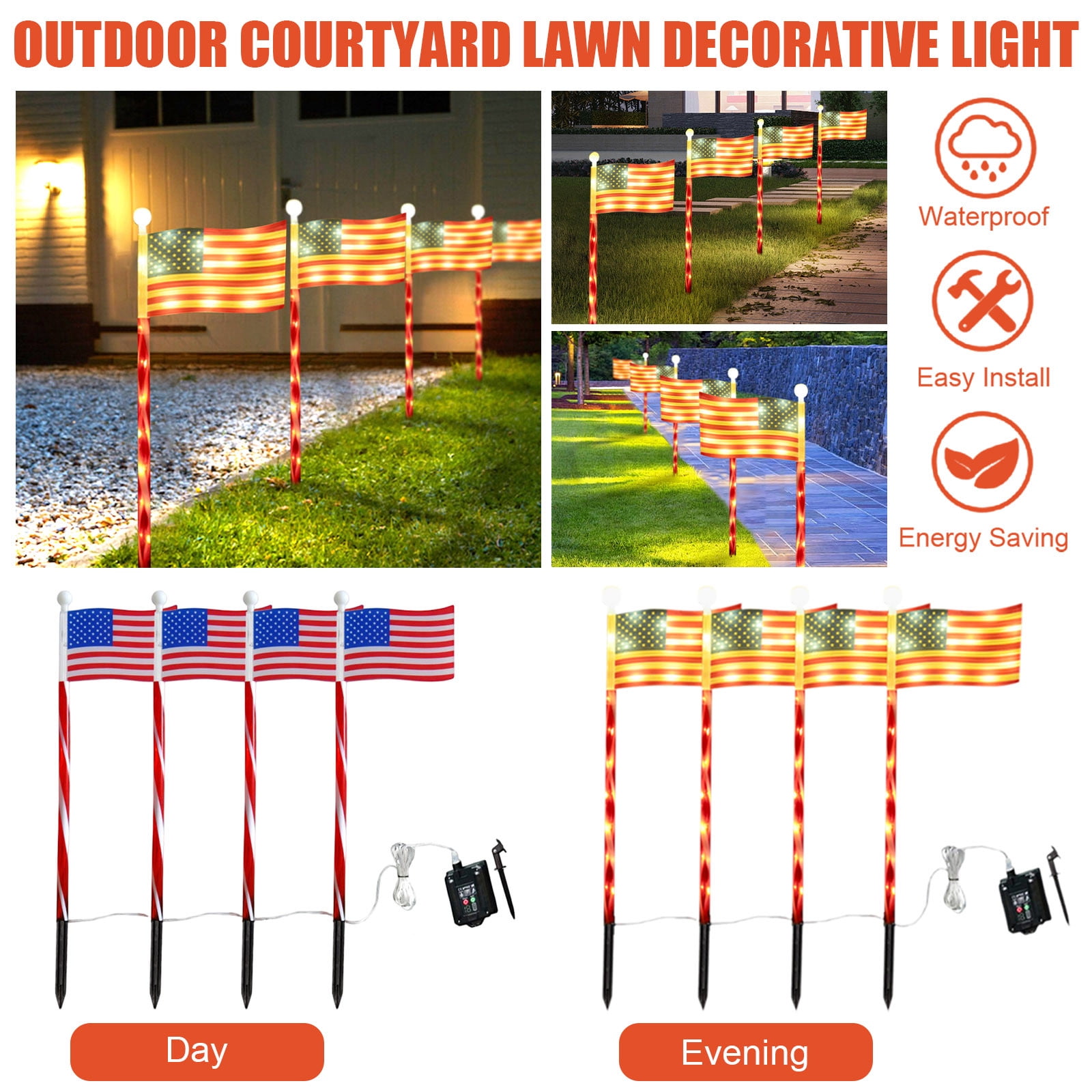 4th of July Decoration Solar American Flag Lights, 4 Packs Garden Stake ...