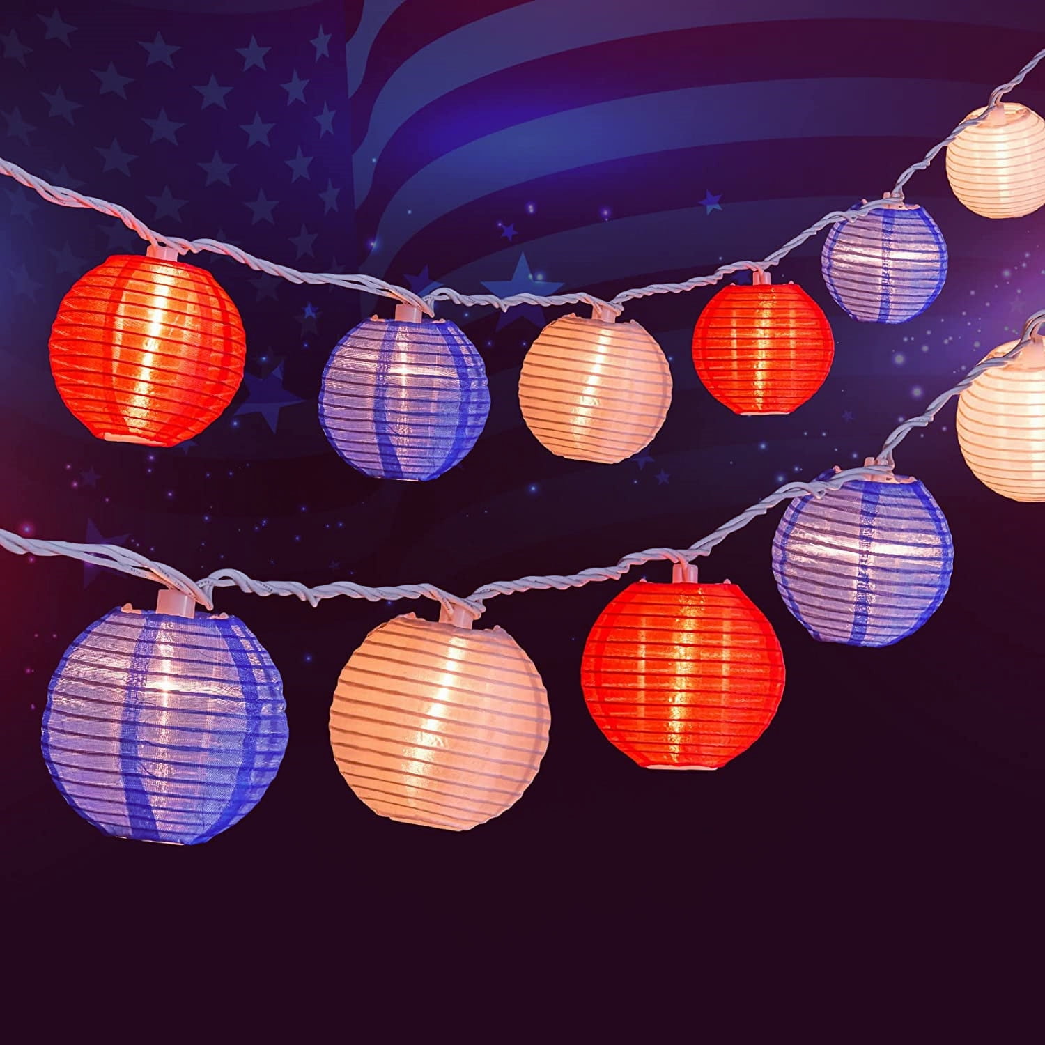 4th of July Decorations,5FT 10 LEDs Red White and Blue Lantern Lights Battery Operated String ...