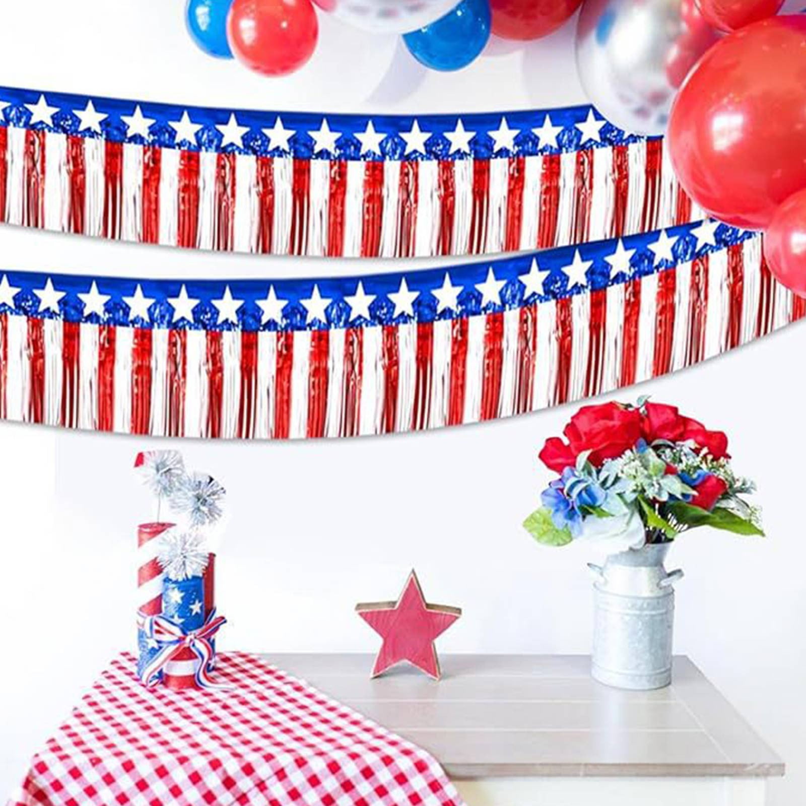 4th of July Decorations 6.5 Ft Red Blue Star Foil Fringe Garland Tinsel ...
