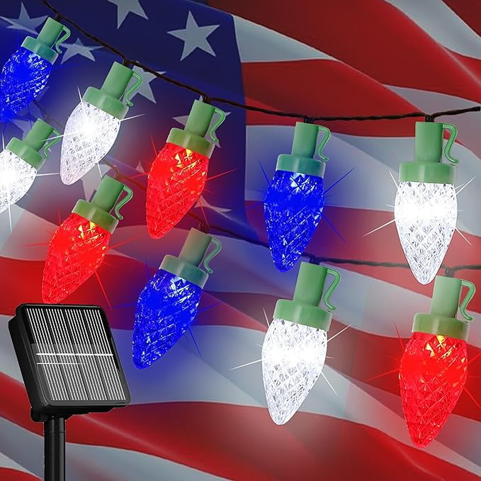 4th of July Decorations C7 Bulb Solar String Lights Outdoor Waterproof ...