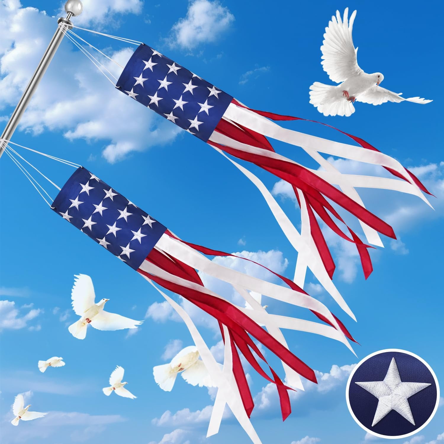4th of July Decorations Outdoor - 2 Pack Embroidered Wind Socks for ...