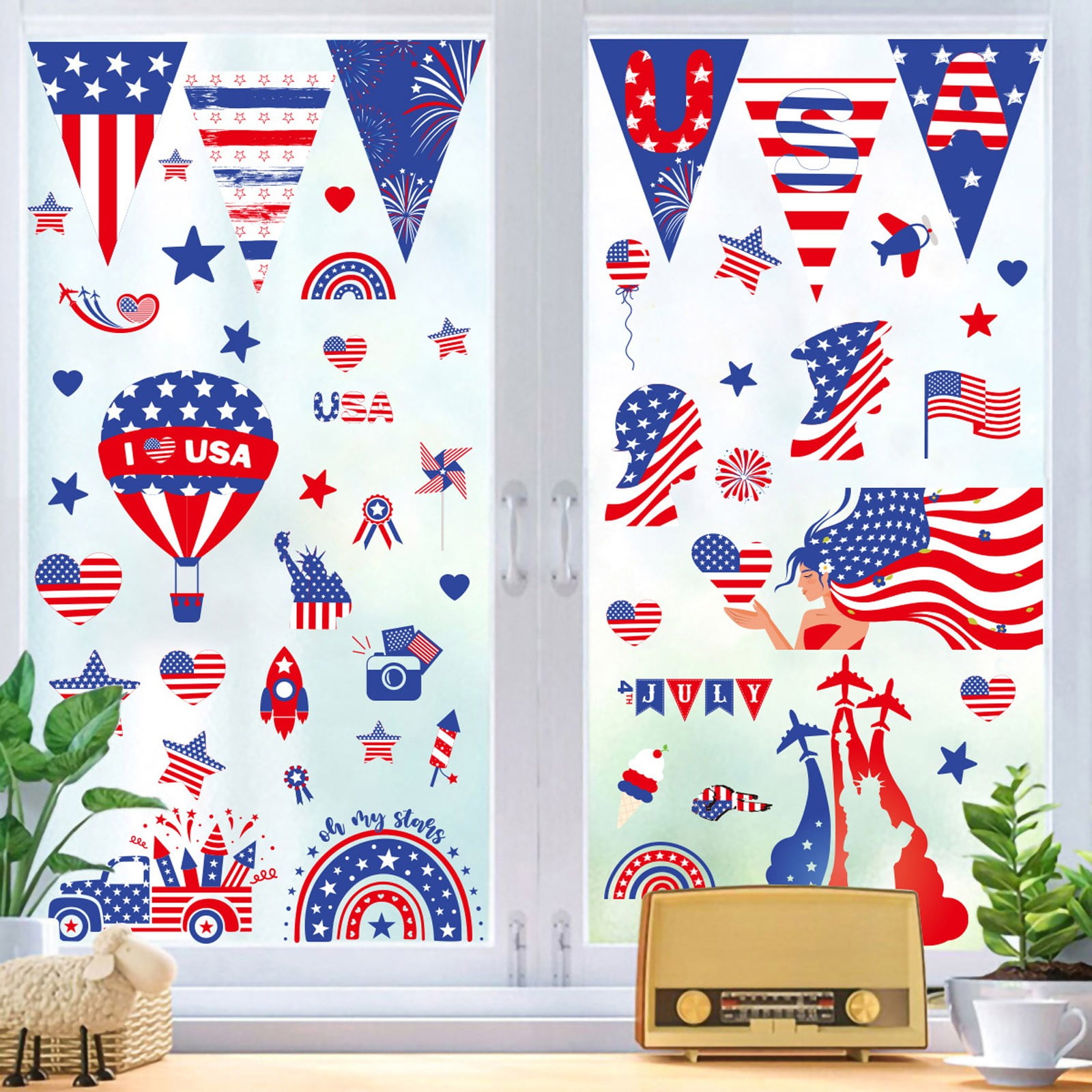 4th of July Decorations Patriotic Window Clings - American Flag Star ...