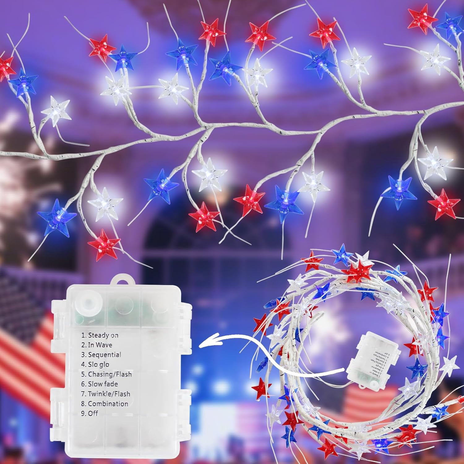 4th of July Decorations Red White and Blue Lights,4.9 ft 8 Lighting ...