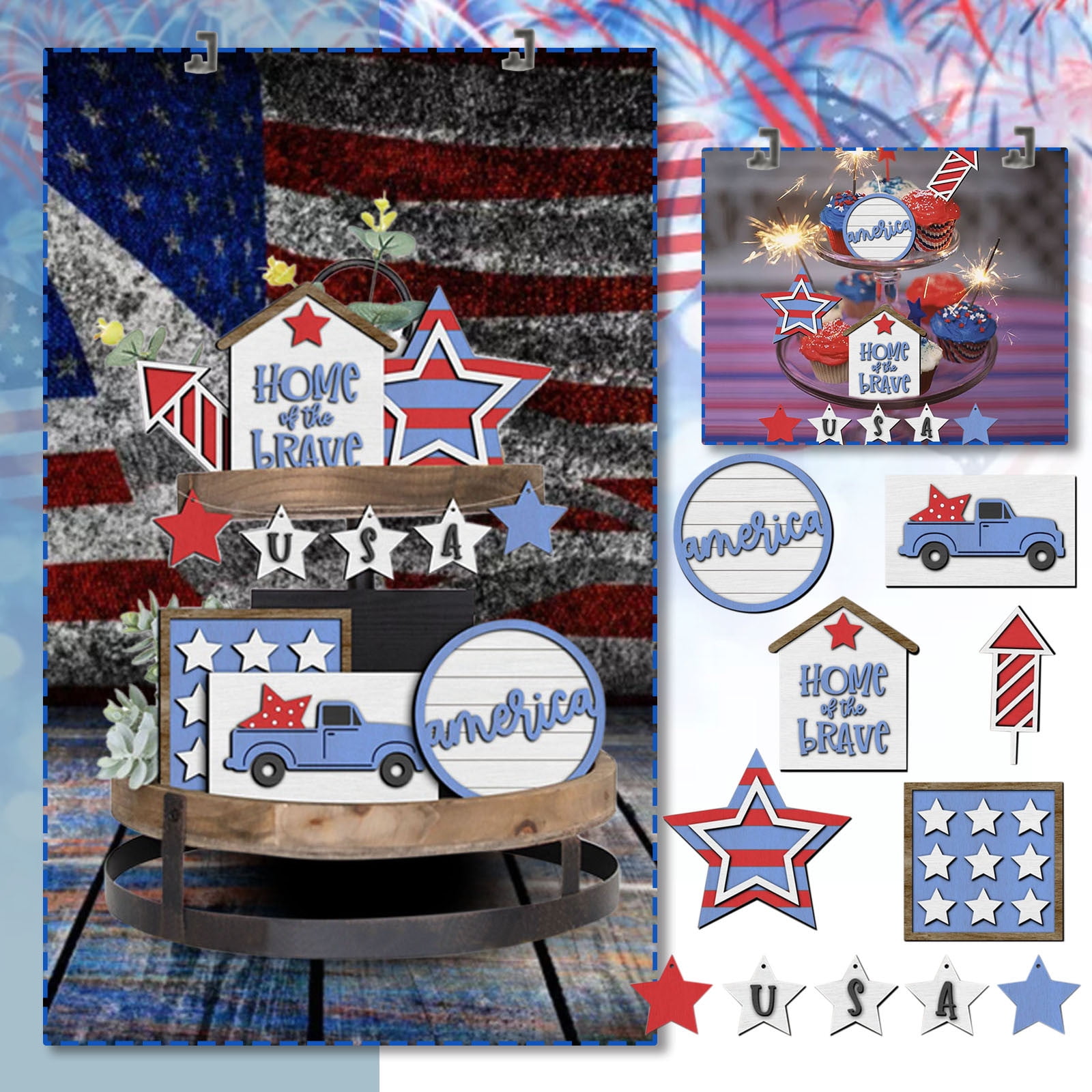 4th of July Decorations - Tiered Tray Decor, Patriotic Wooden Signs ...