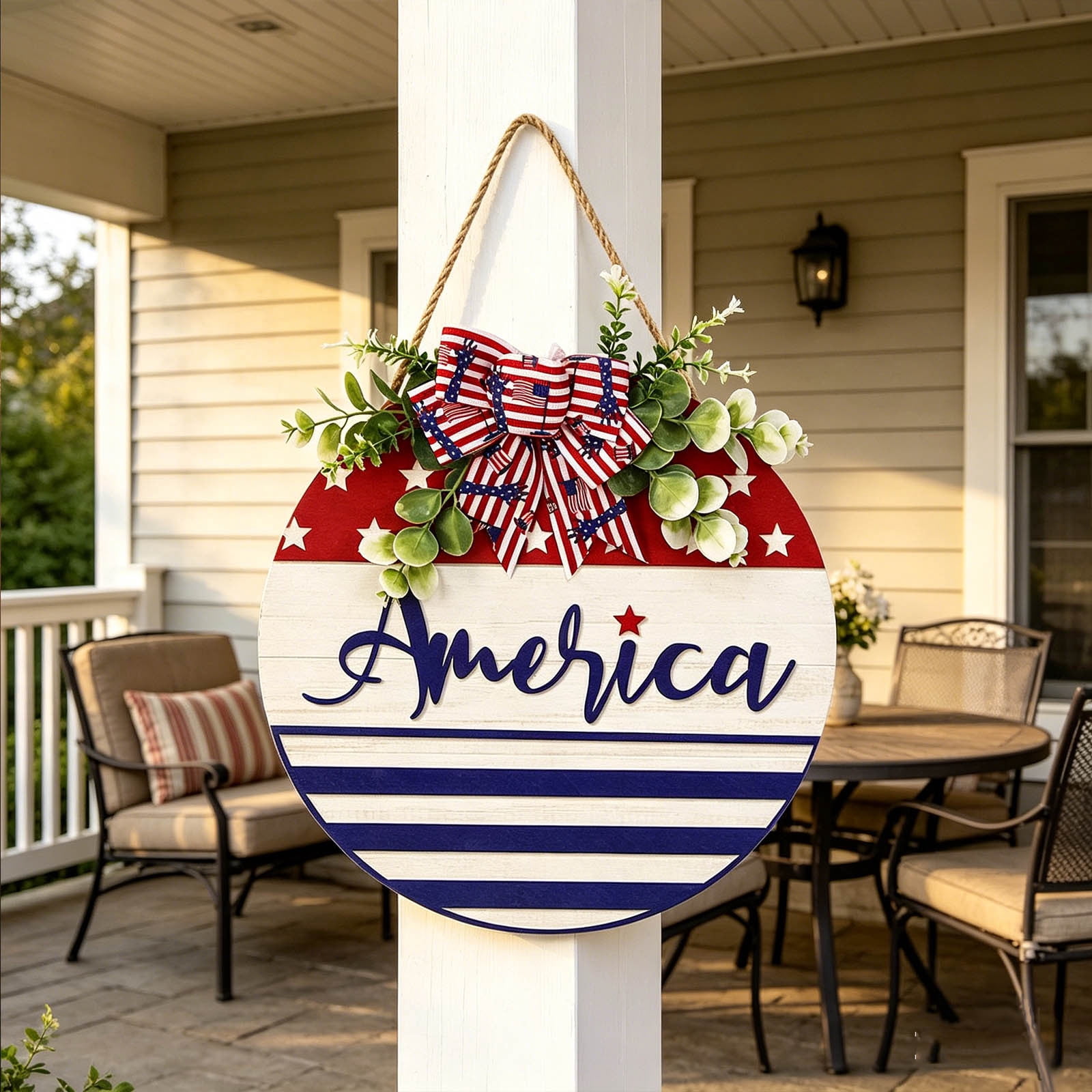 4th of July Decorations Welcome Sign for Front Door Rustic Round Wood ...