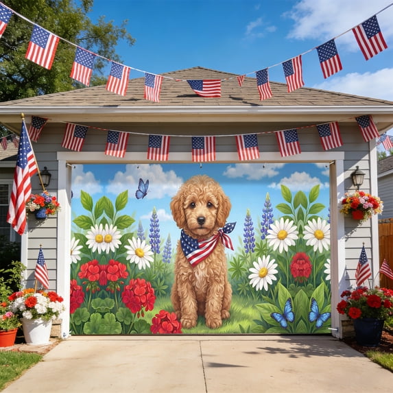 4th of July Dog Garage Door Cover, Independence Day Floral USA Flag ...