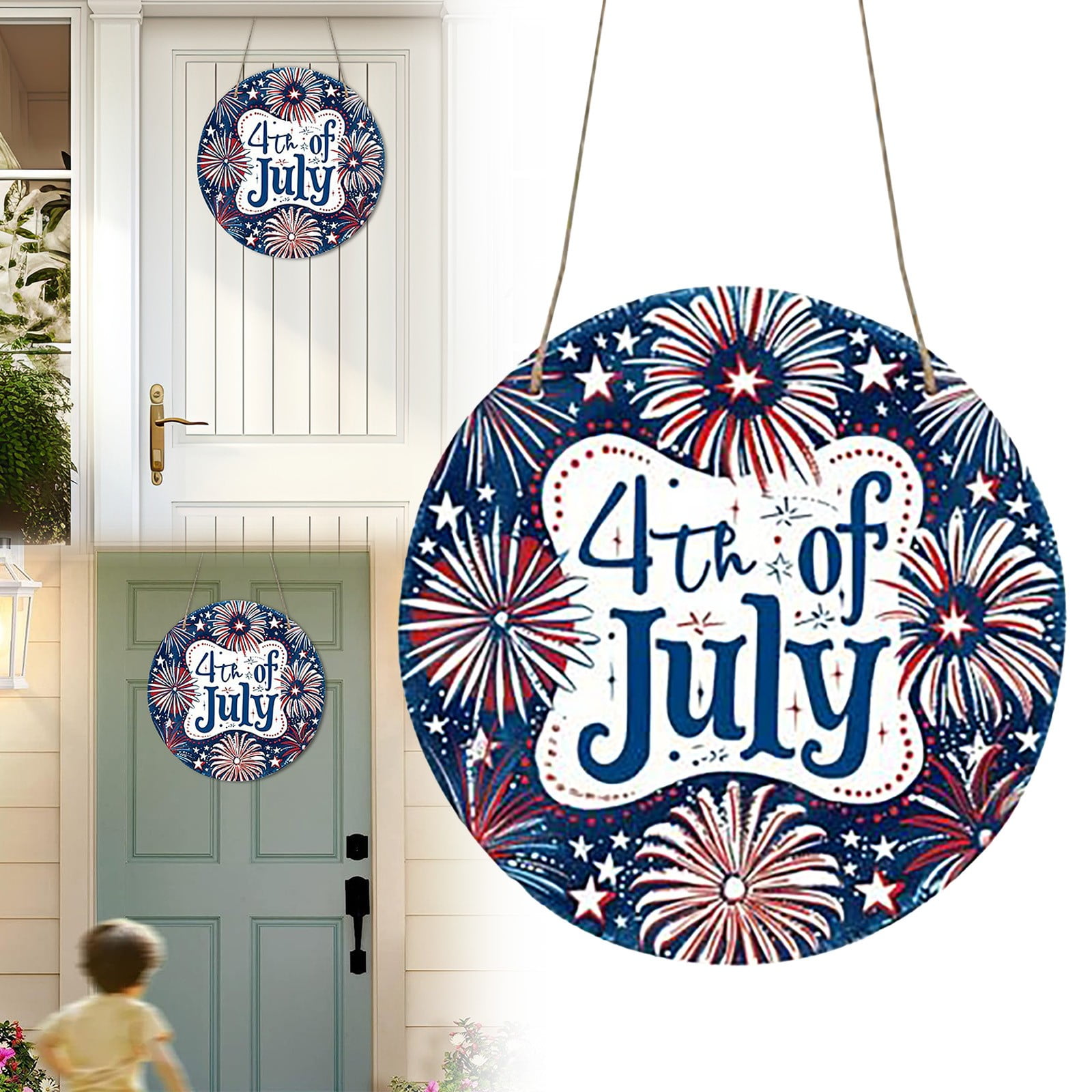4th Of July Door Hanging Decor 8in Wooden Patriotic Round Sign With ...