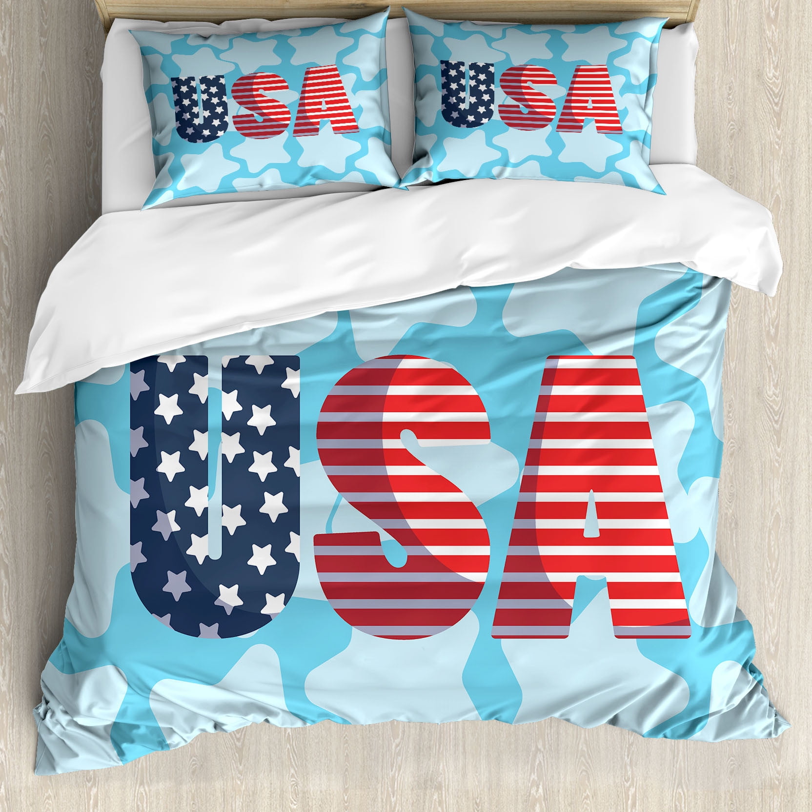4th of July Duvet Cover Set, Flag Designed USA Text Image and Repeated Star Shapes in Backdrop ...