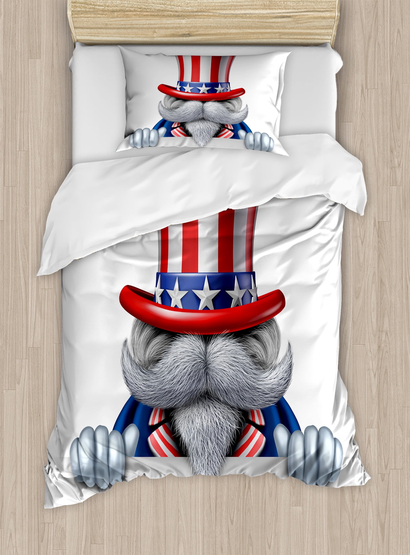 4th of July Duvet Cover Set, Uncle Sam Hat Wearing Cat with Stars and ...