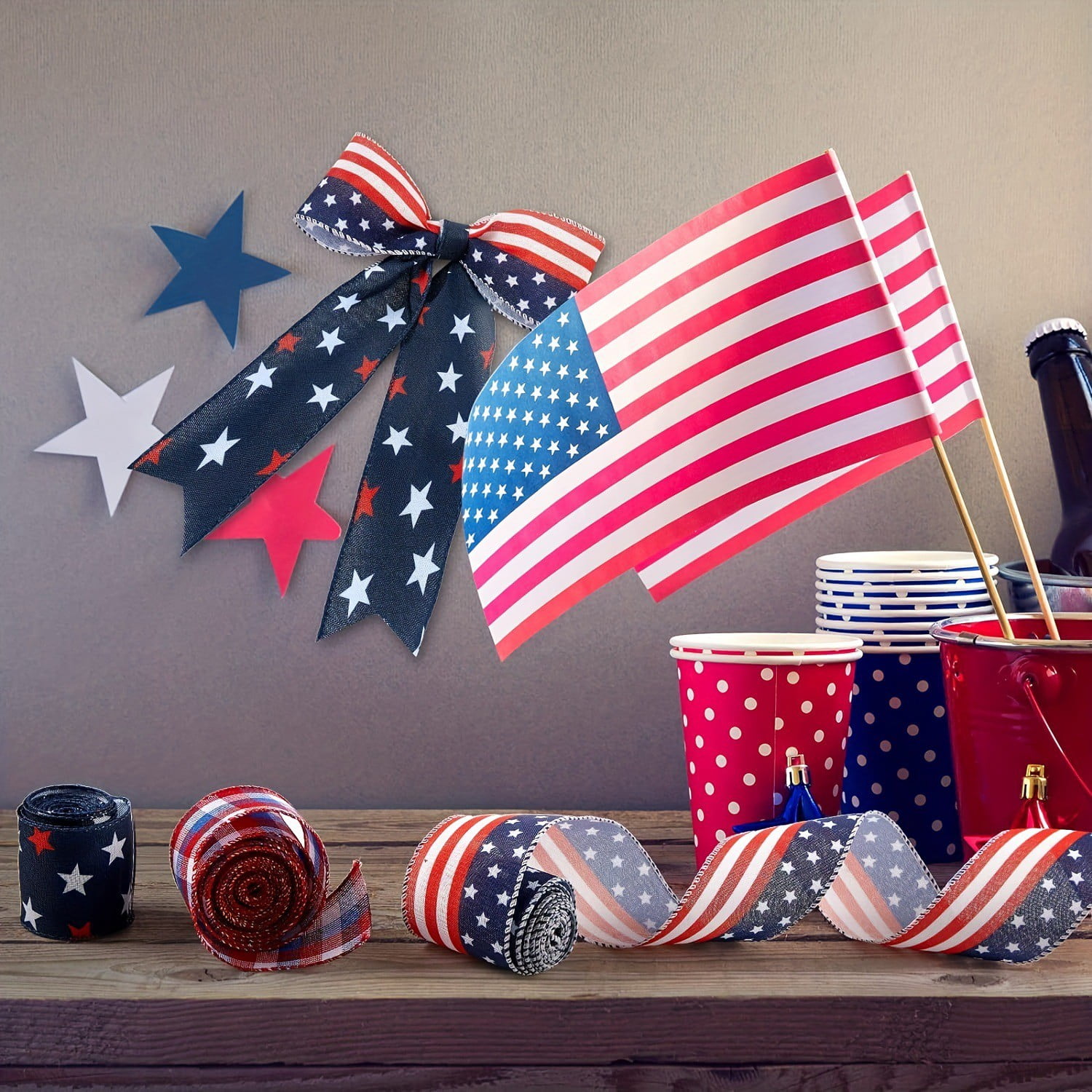 4th of July Fabric Ribbon Patriotic Wired Edge Ribbon Ribbon for Craft ...