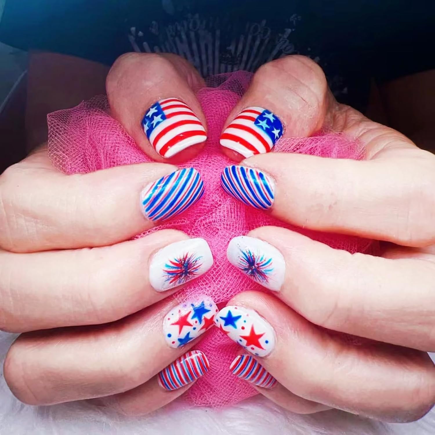 4th of July Fake Nails Short Press on Nails Red Blue White Acrylic ...