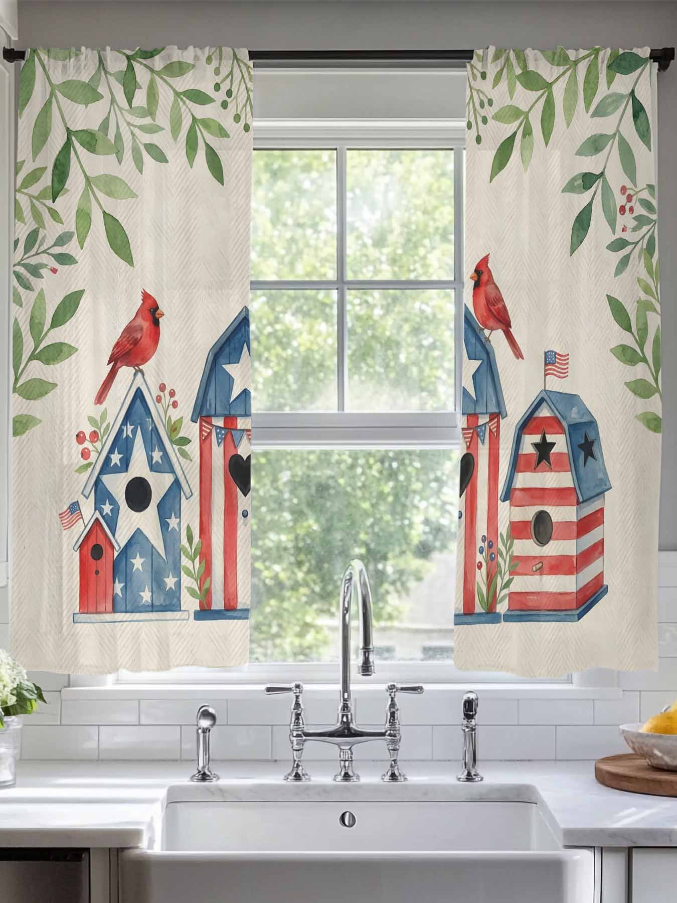 4th of July Farmhouse Red Bird Chiffon Sheer Curtains 72 Inches Long ...