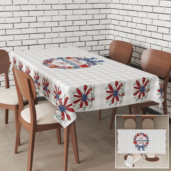 4th of July Firework Floral Rectangular Tablecloth, White Red Blue ...