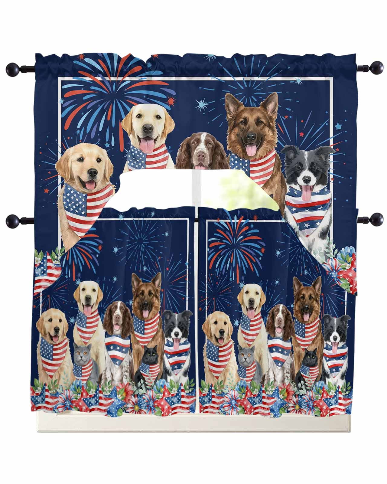 4th of July Fireworks Kitchen Curtains Sets 24 Inch Length with Valance ...