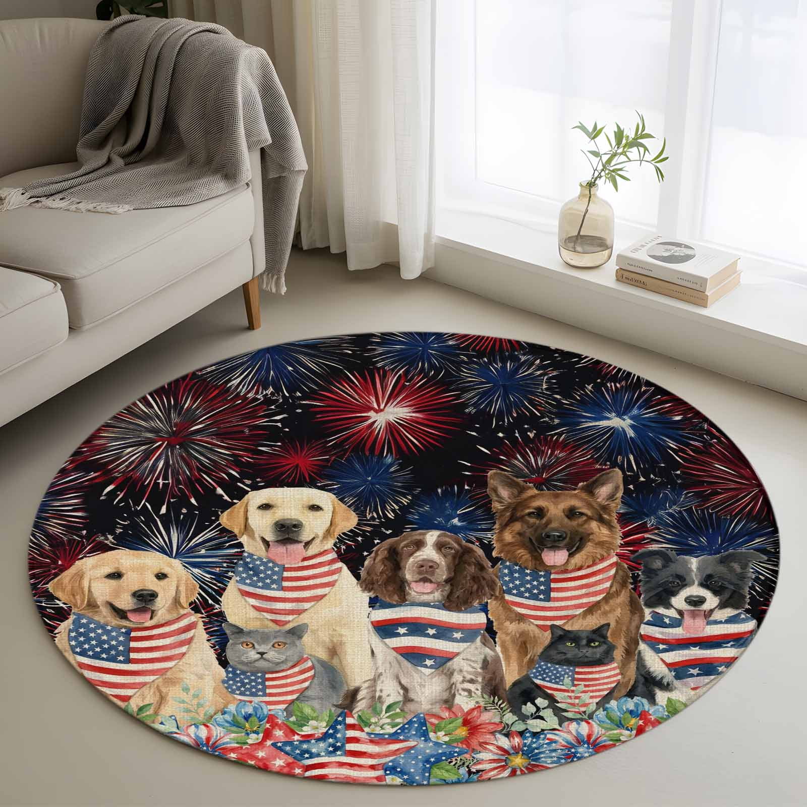 4th of July Fireworks Round Area Rug 3Ft Washable Small Circle Rugs for ...