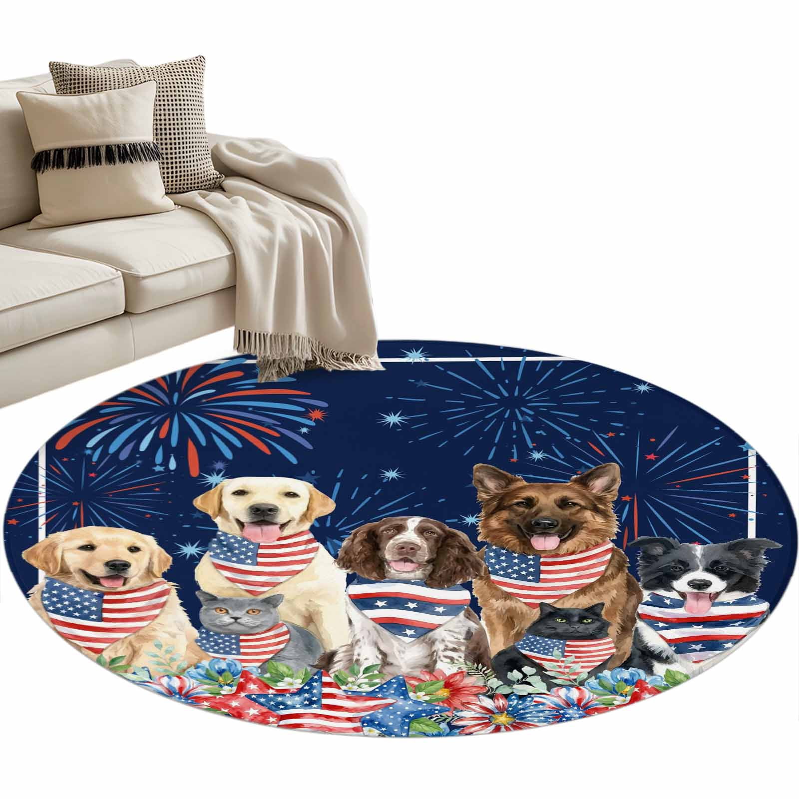 4th of July Fireworks Round Rug 3ft Washable Circle Entryway Rugs Non ...