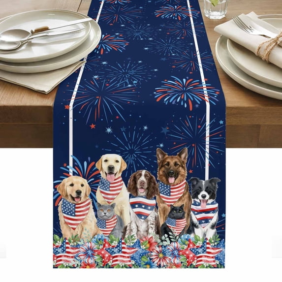 4th of July Fireworks Table Runner Independence Day Dogs Blue Red Poppy ...