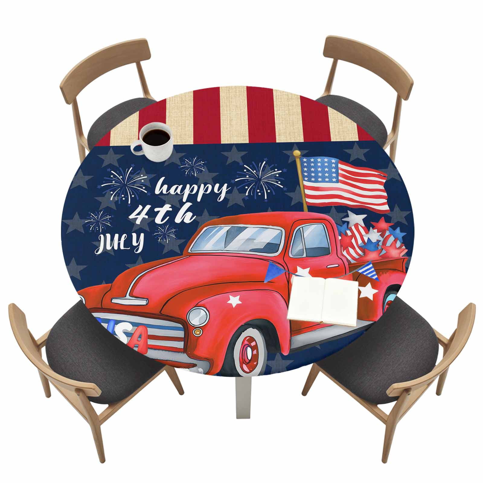 4th of July Fitted Tablecloth with Elastic Edged, Round Table Cloth for ...
