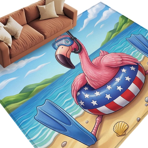 4th of July Flamingo Area Rug 6x9 Washable Rug Non Slip Coastal Beach ...